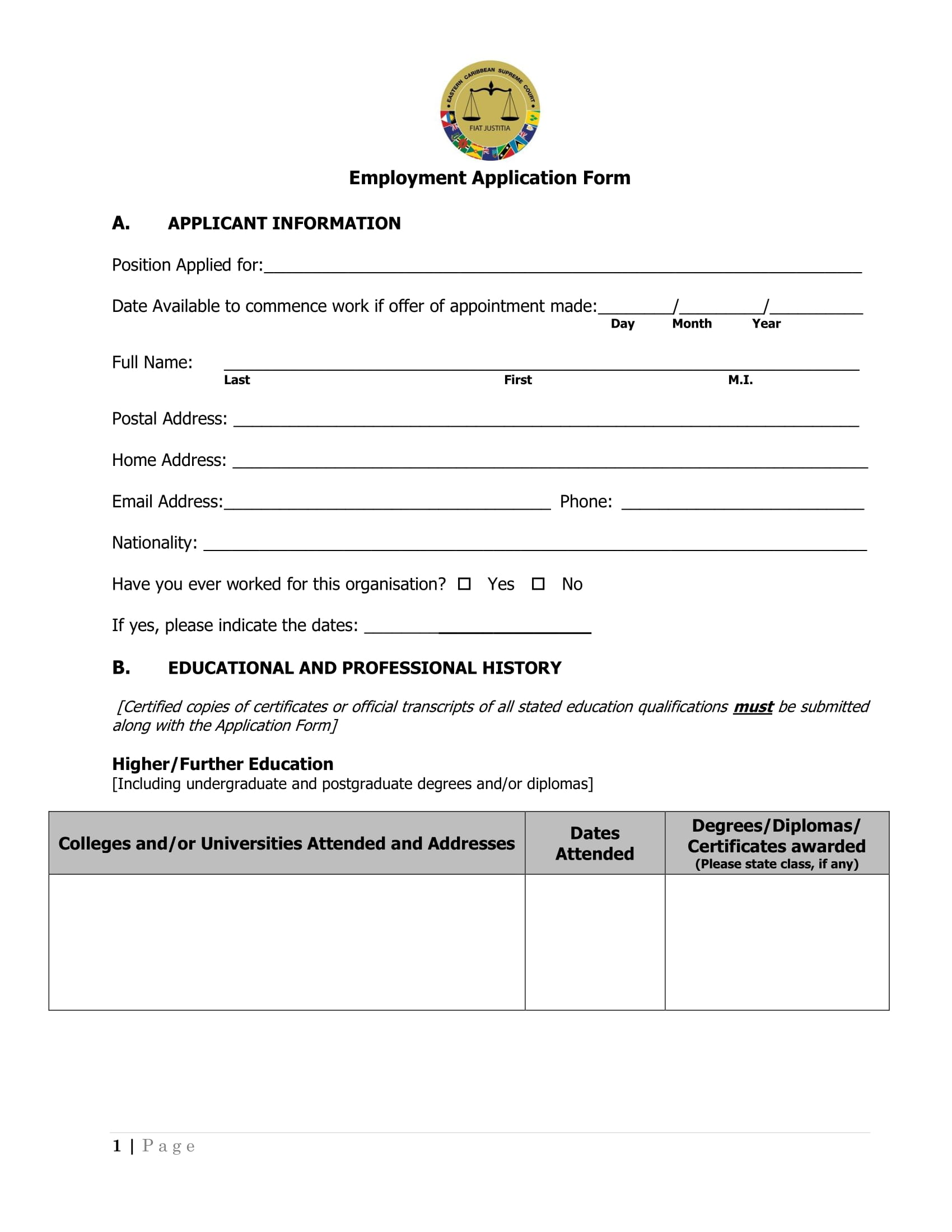 Eastern Caribbean Supreme Court Application Form