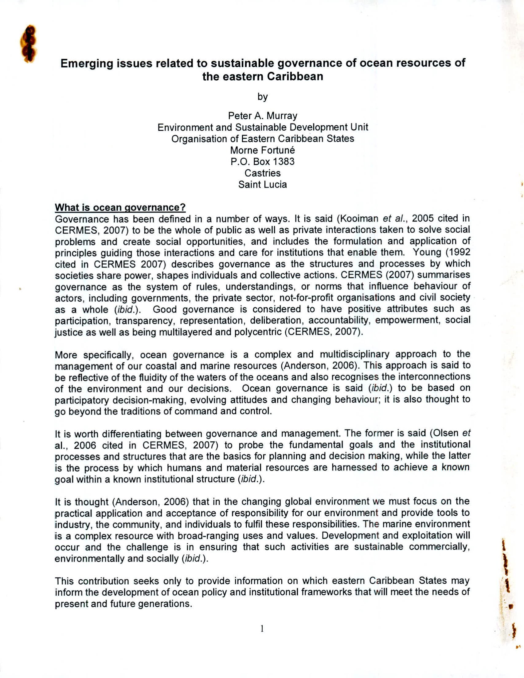 Emerging issues related to sustainable governance of ocean resources of ...