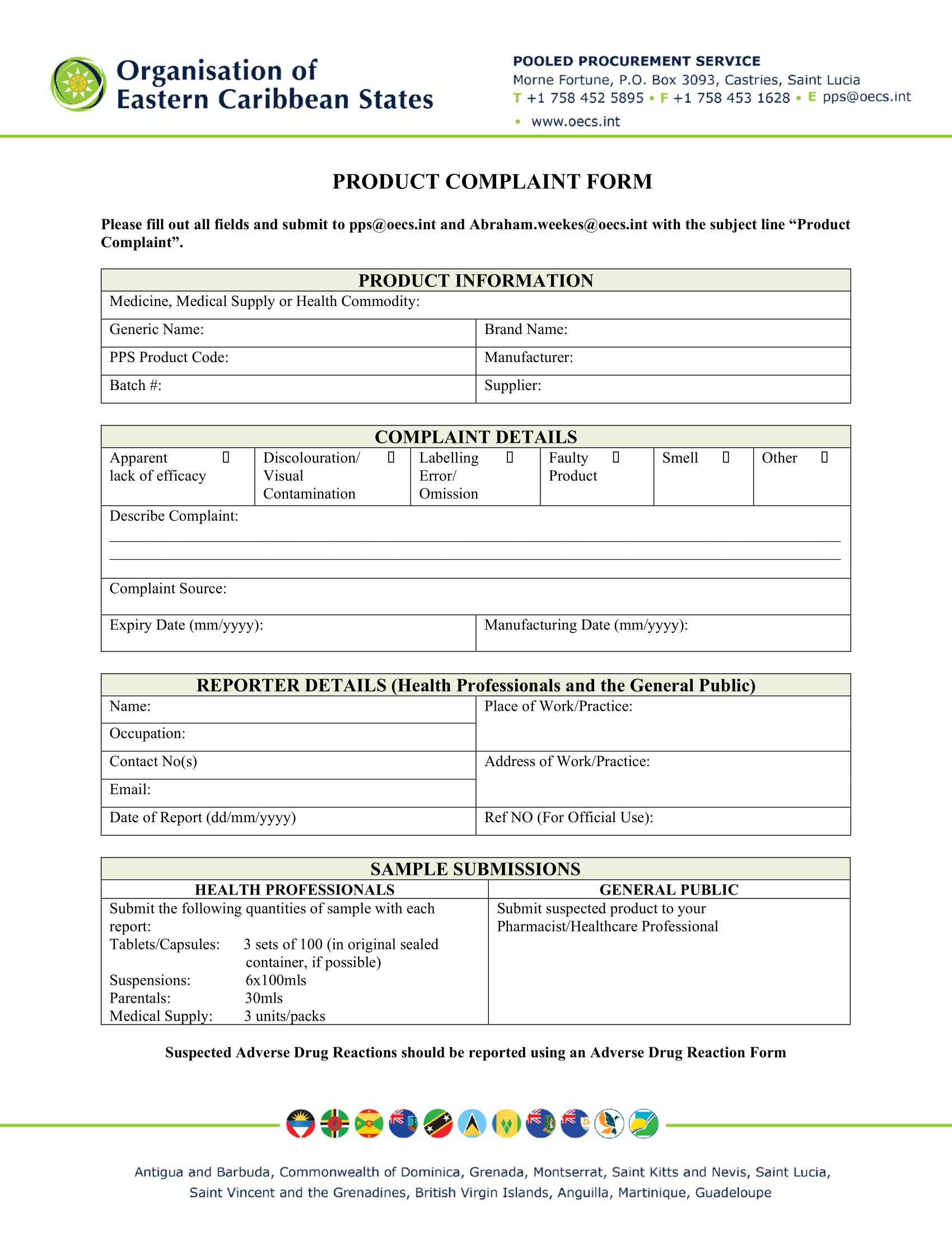 Pool Procurement Product Complaint Form - Health and General Public