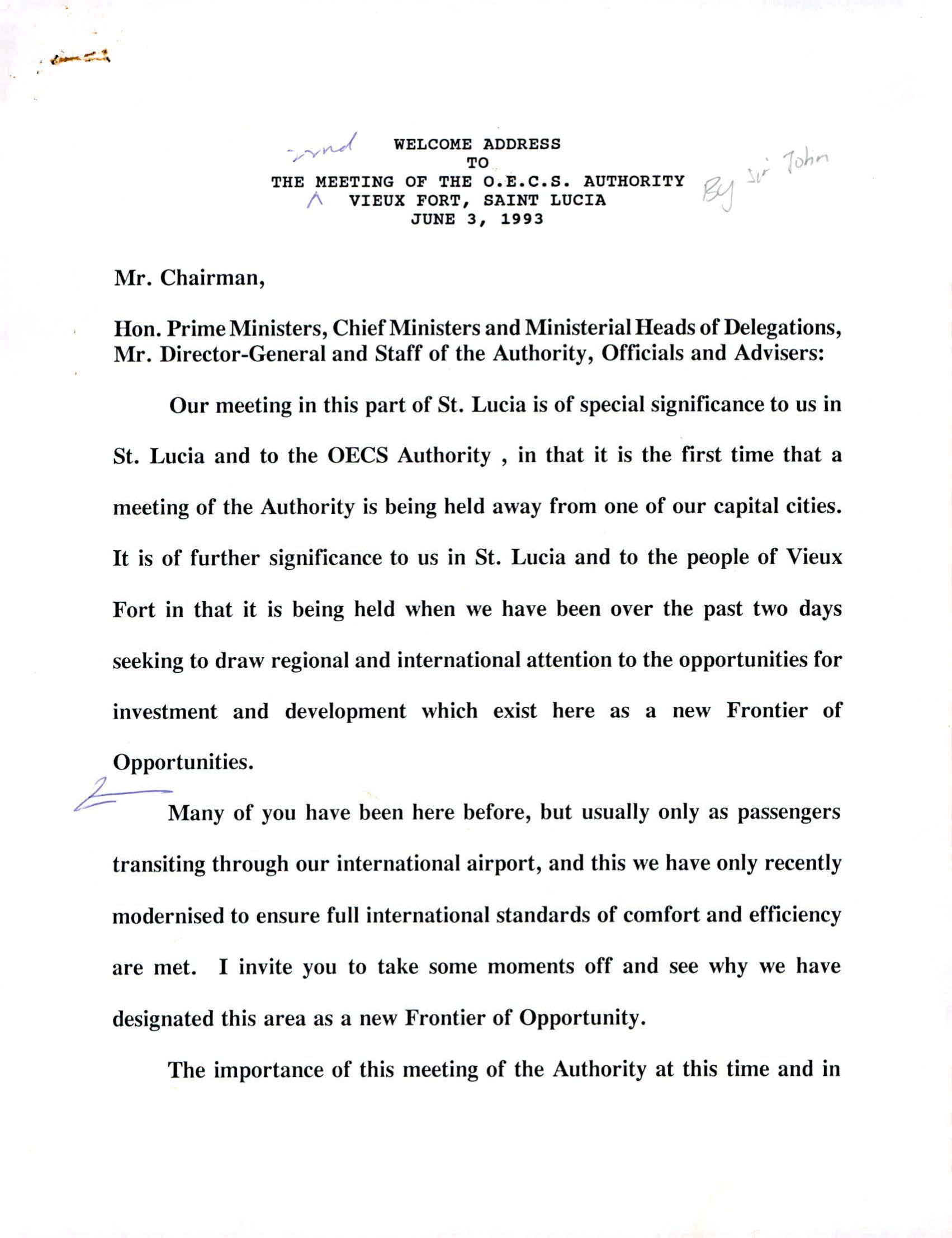 Welcome Address to the 22nd Meeting of the OECS Authority by Hon John ...